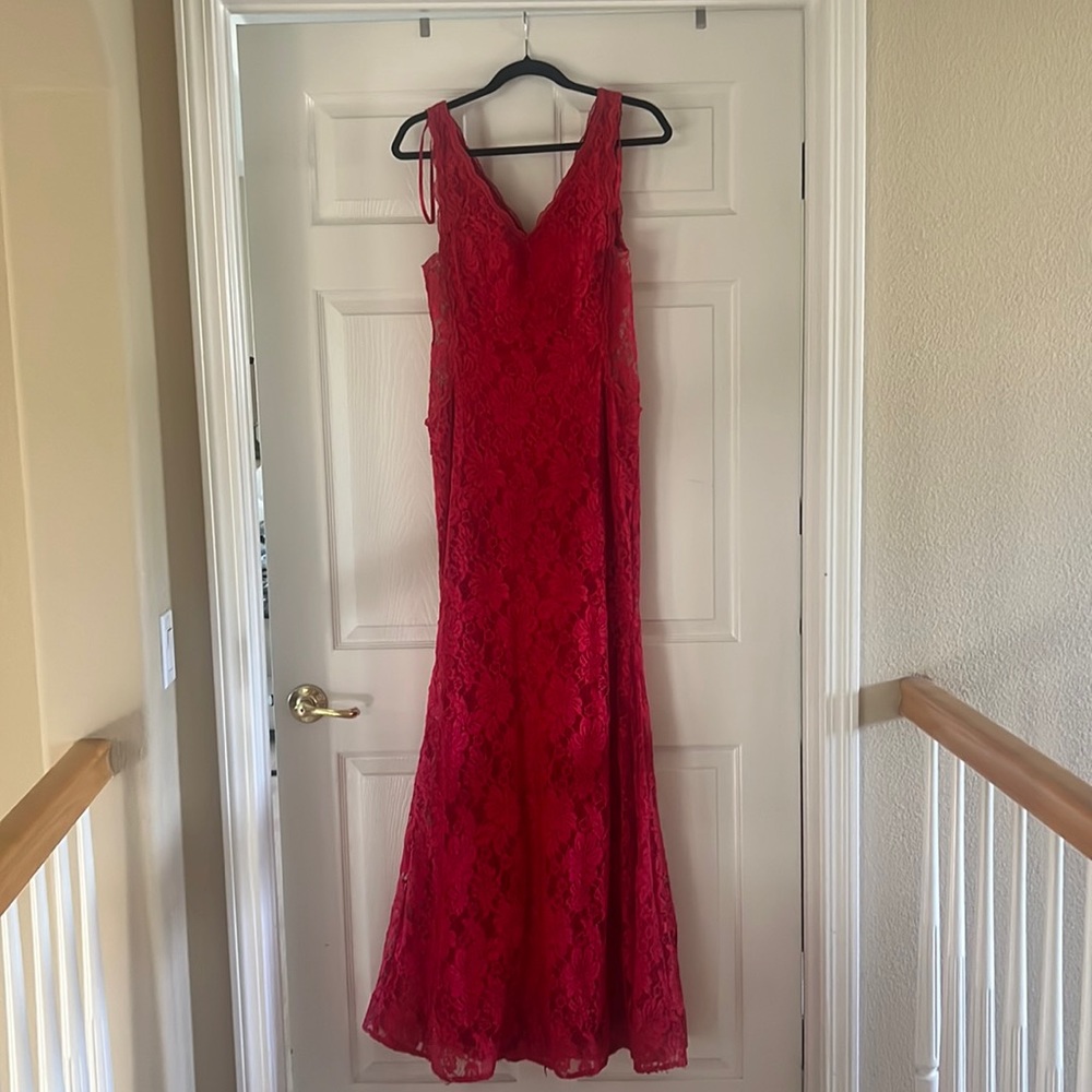 Red Xscape Lace Evening Dress - Gem